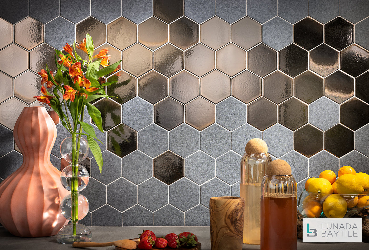 Graphite 4" Hex in Molten Bronze and Black Iron by LBT – Lunada Bay Tile
